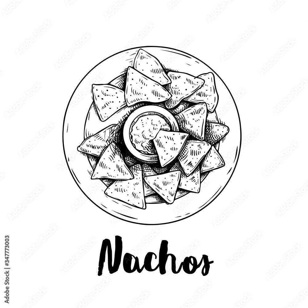 Hand drawn sketch style nachos with guacamole sauce on plate. Top view ...