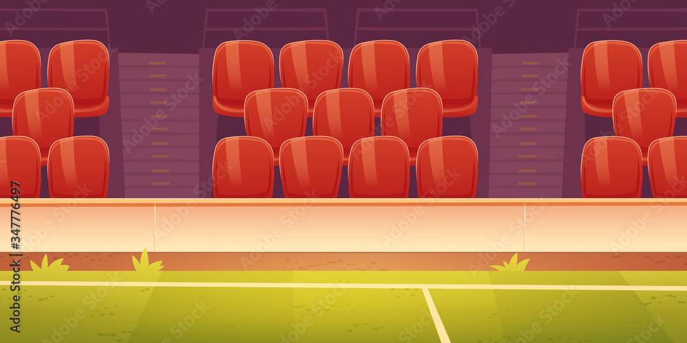 Seats on sport stadium with soccer, football or basketball field ...