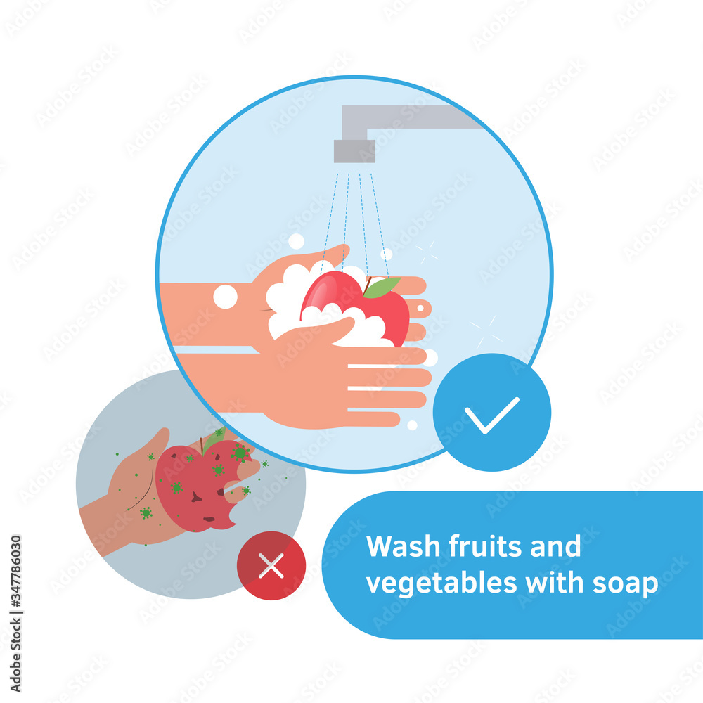 Wash fruits and vegetables. Hands holding apple under water tap. Arm in ...