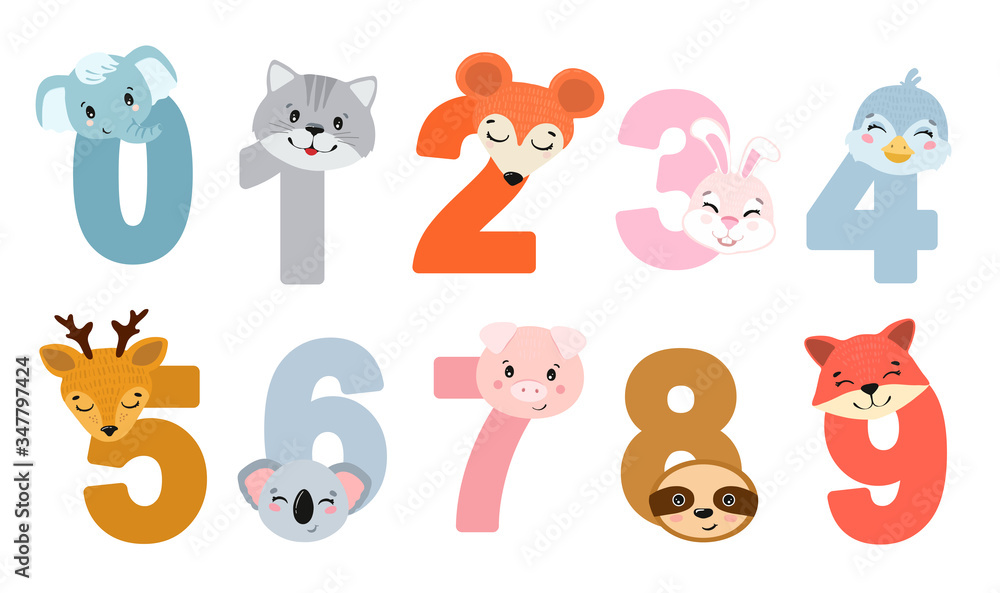 Set of children numbers with animals. Vector illustration for kids ...