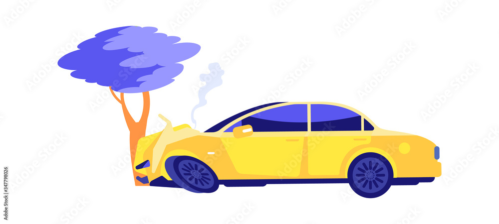 Car crash. Auto crashed into tree. Automobile smoke, accident on nature ...