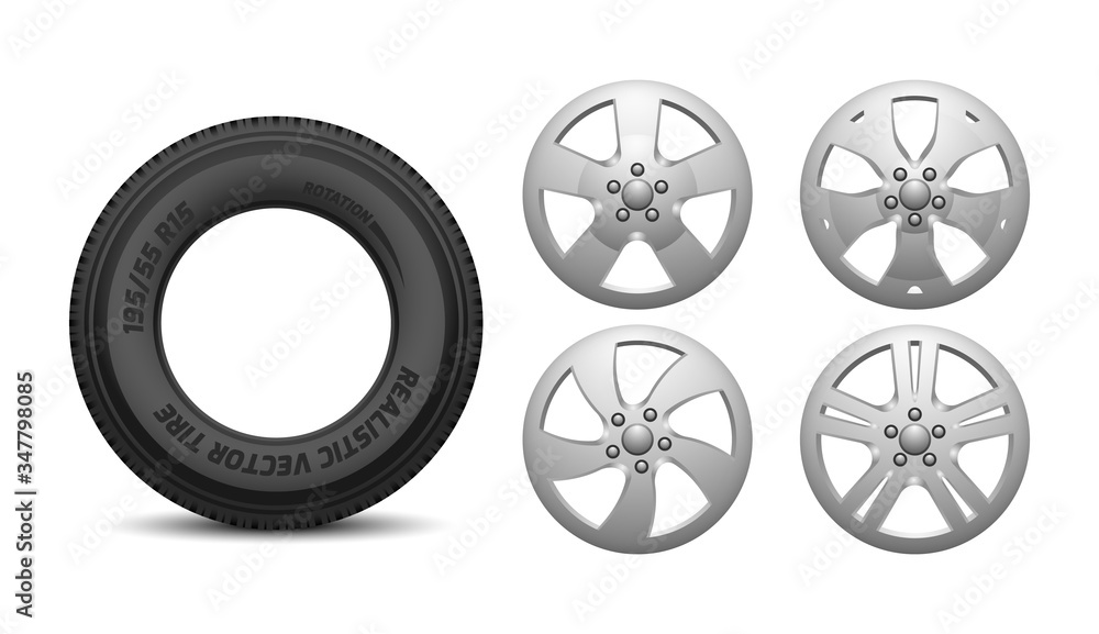 Car rims and tire. Isolated realistic rubber wheels. Vehicle service ...