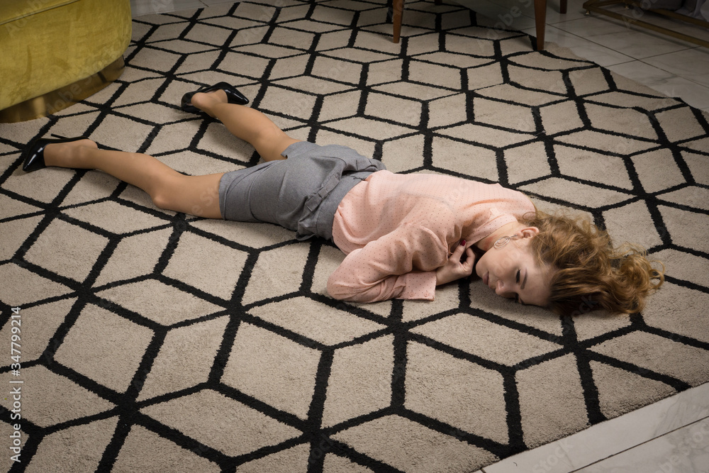 Crime scene with strangled pretty business woman in office.. Stock ...