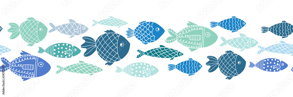 Blue fishes seamless vector border. Doodle line art ocean animal ...