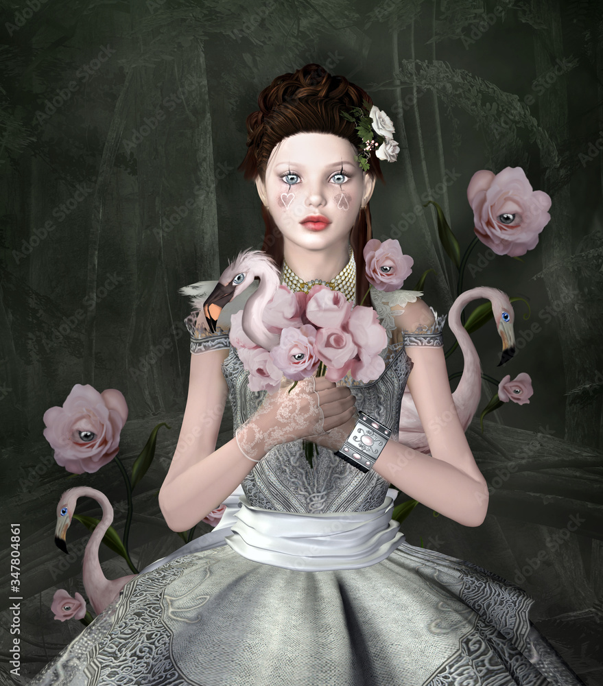 Young girl with surreal gothic bouquet on a black forest background ...