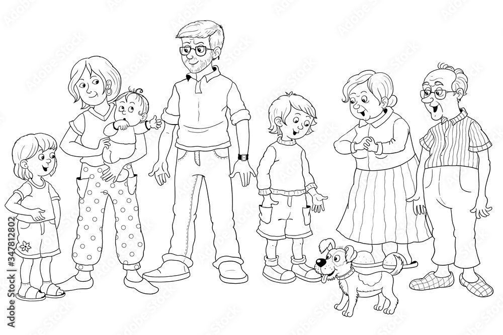 Happy family at home. Coloring page. Illustration for children. Cute ...