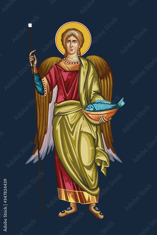Raphael archangel. God who heals. Healing of Tobit with the fish's gall ...