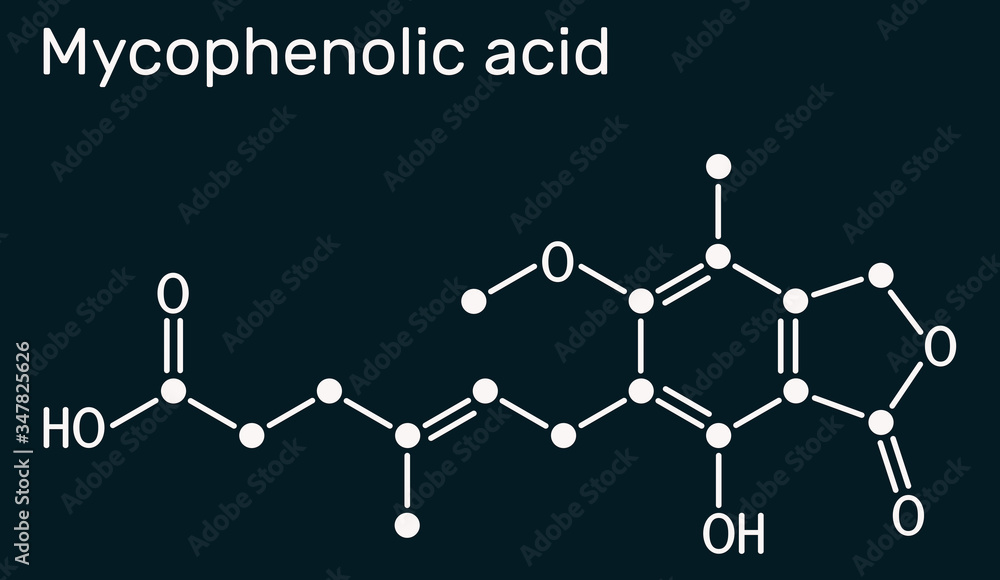 Mycophenolic acid, MPA, mycophenolate, C17H20O6 molecule. It is an ...