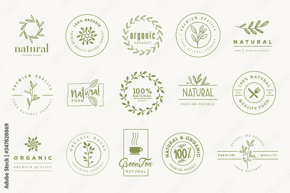 Set of signs for organic and natural products. Vector illustrations for ...