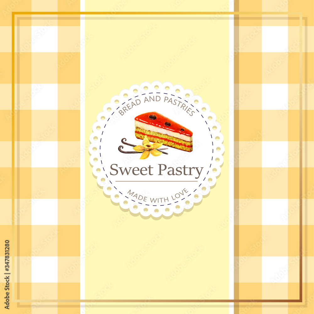 Bakery, pastry shop label, logo, flyer template with cake illustration ...
