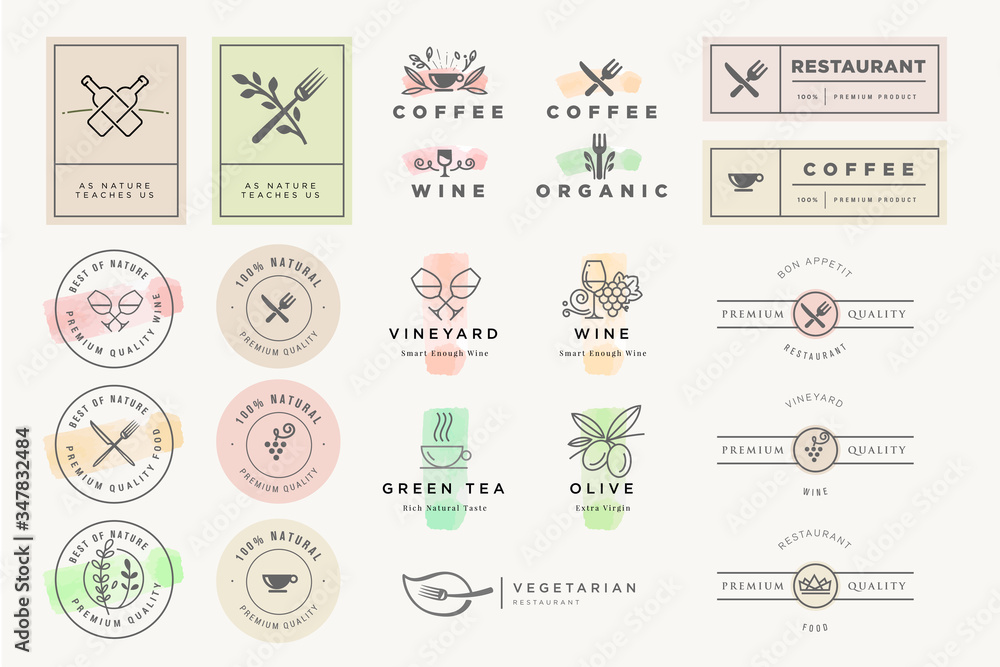 Set of stickers and labels for food and drink. Vector illustrations for ...