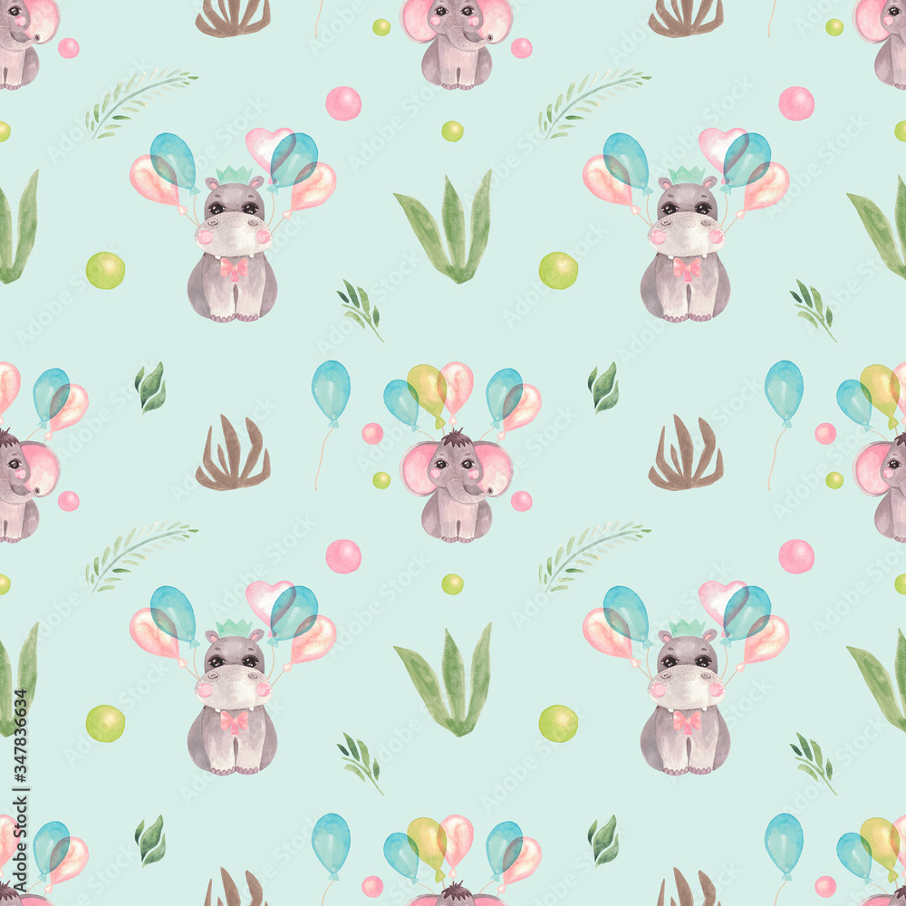 Seamless pattern Watercolor illustration of a cute baby hippo, elephant ...