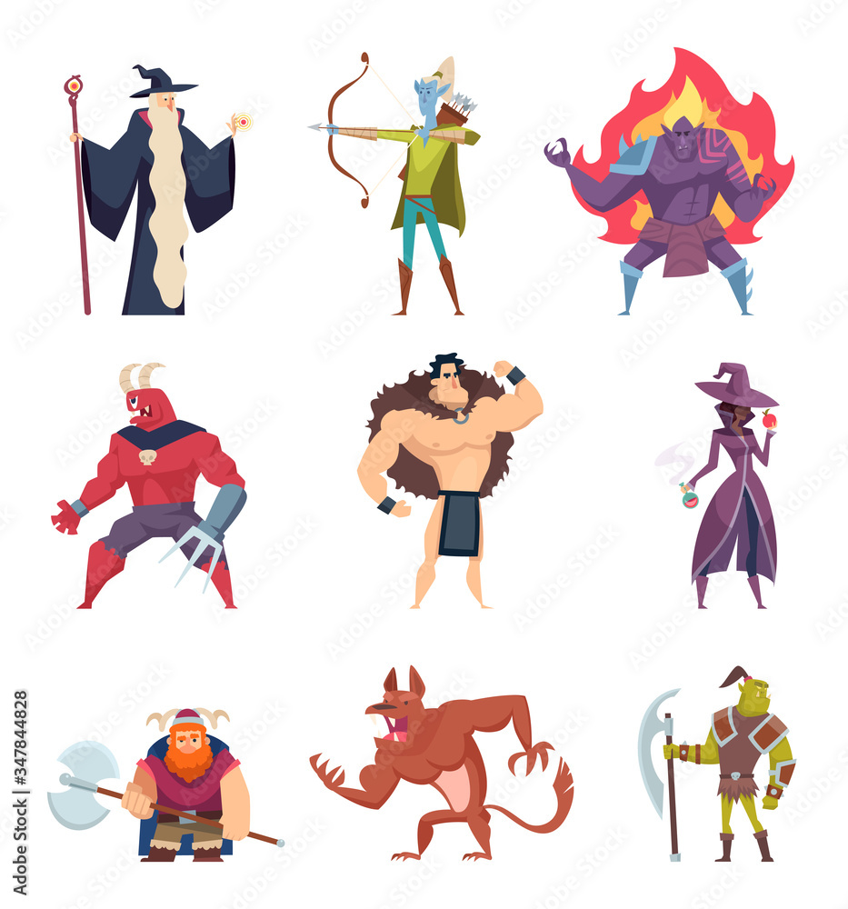 Fairytale characters. Fantasy creatures gremlins orc human warriors ...