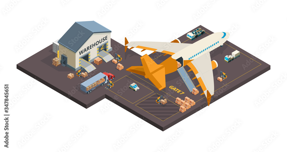 Cargo aircraft. Loading airplane packages and containers airport truck ...