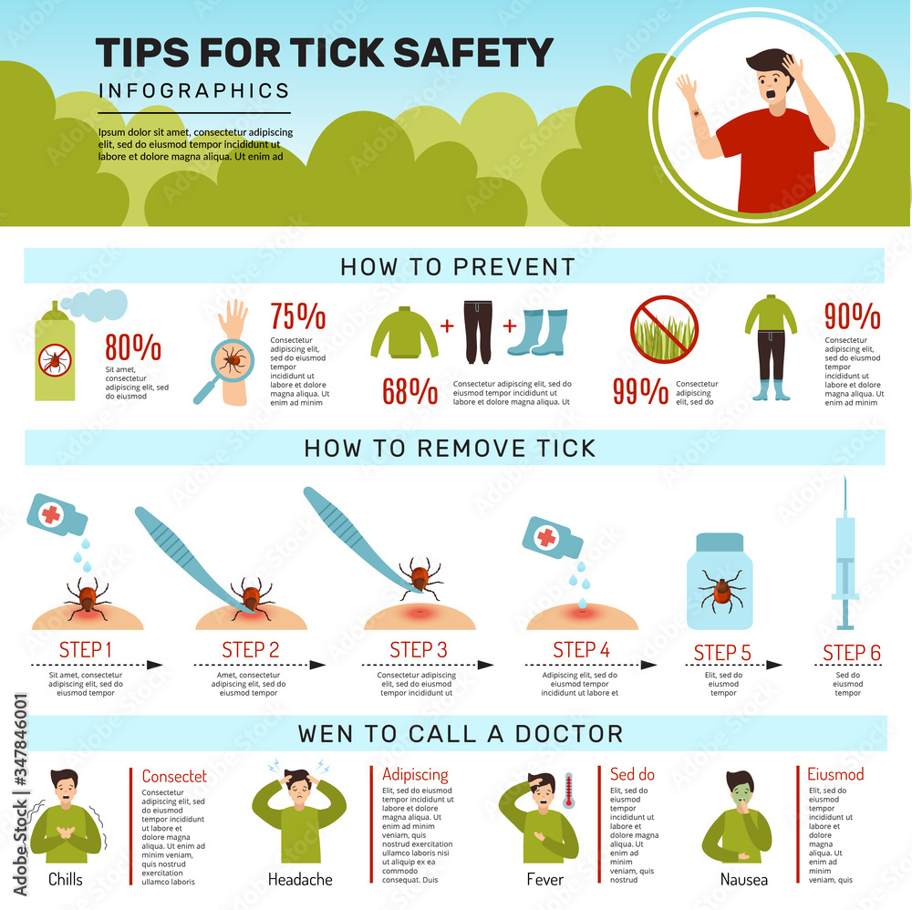 Tick bite. Infographic of human protection from tick borreliosis nature ...