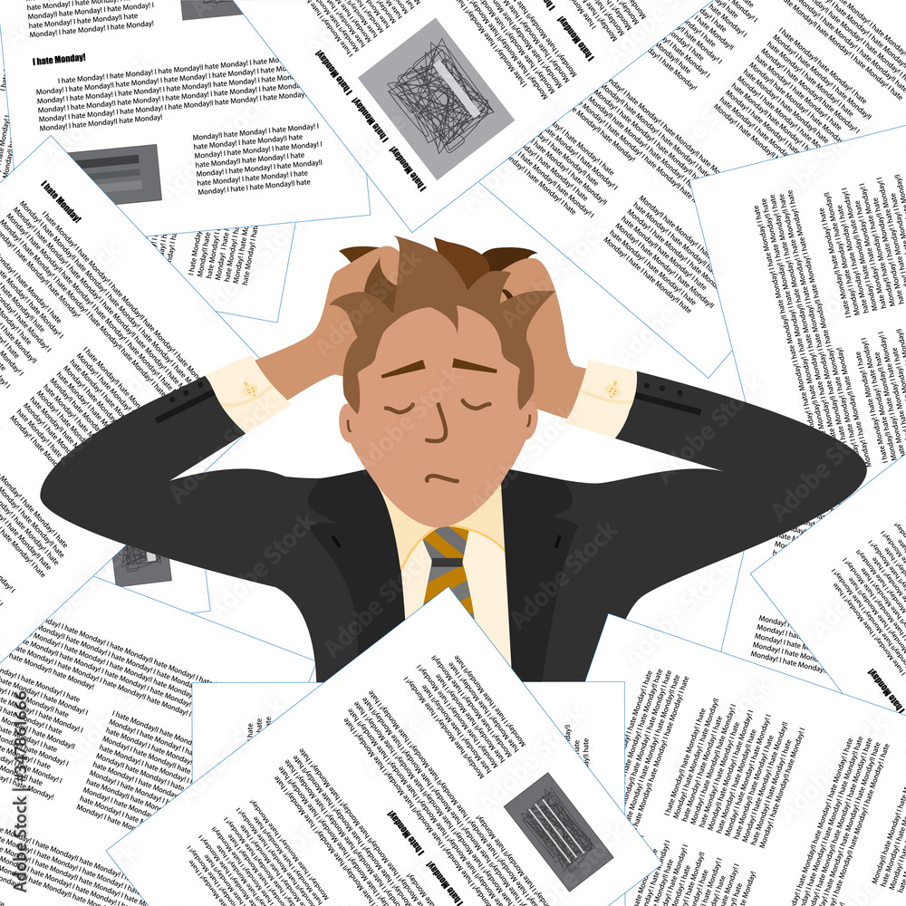 Business man clutching his head. Paperwork, stress at work. Papers ...