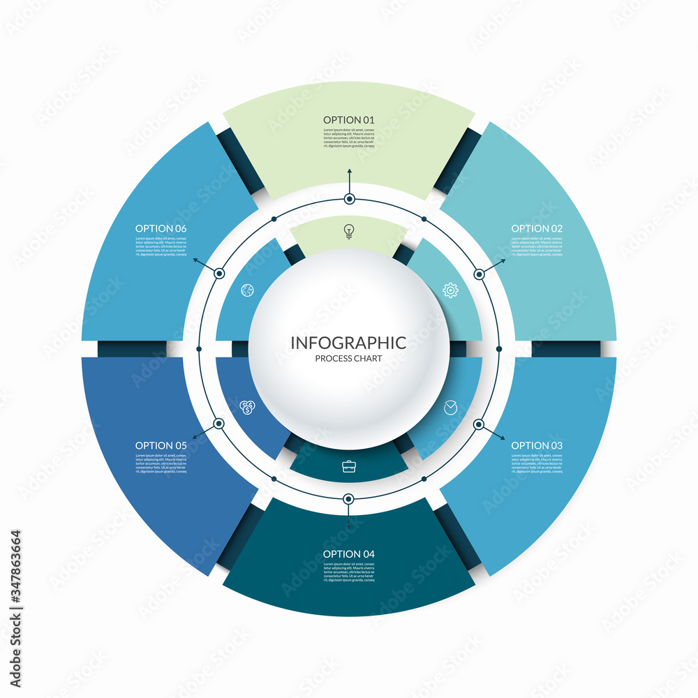 Infographic circular chart divided into 6 parts. Step-by step cycle diagram with six options ...