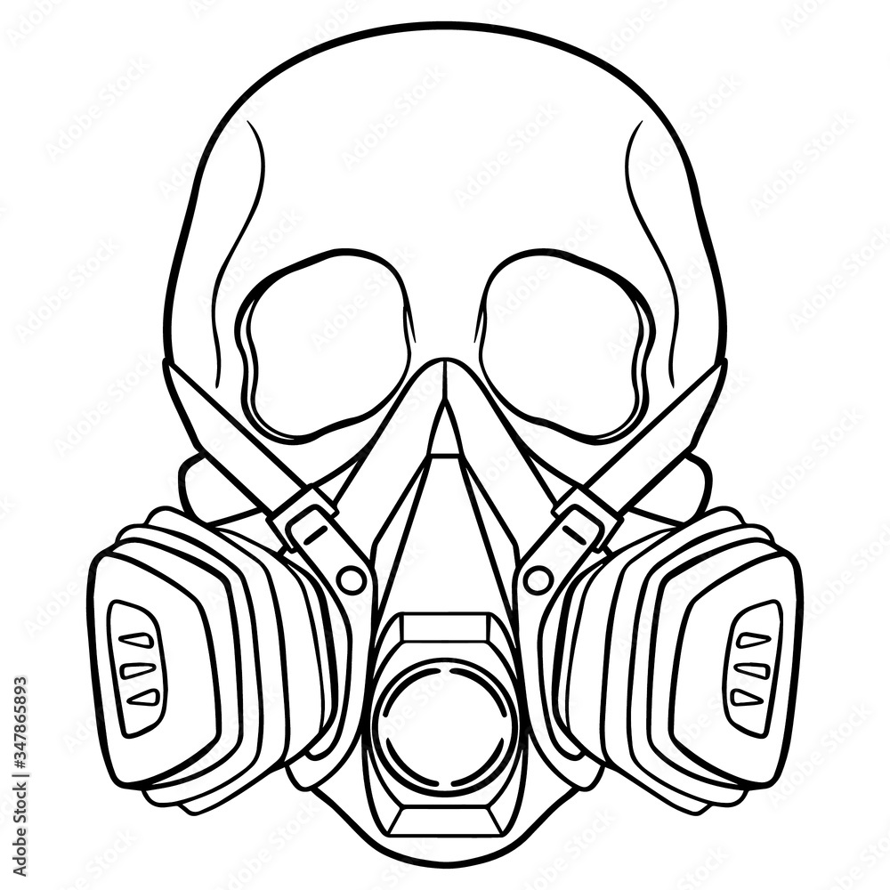 monochrome outline drawing of a skull with gas mask. comic ...