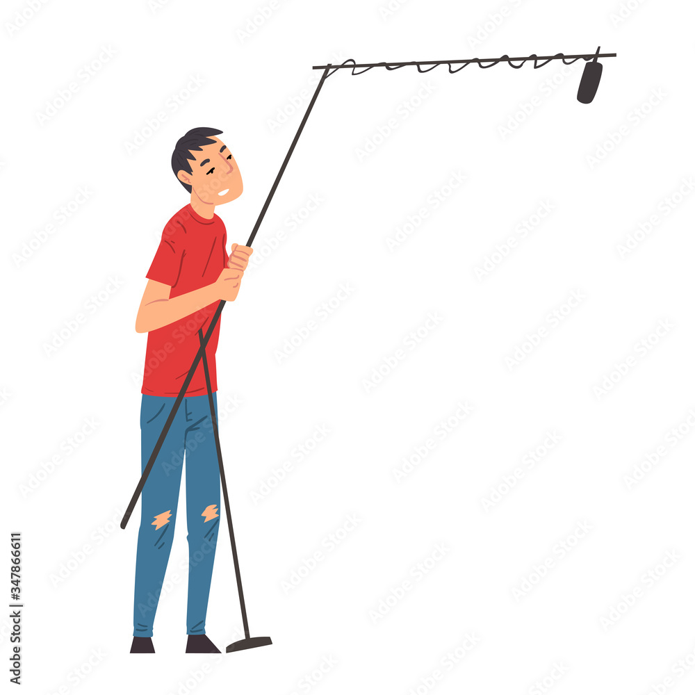 Soundman Holding Telescopic Microphone, Boom Operator in Process of ...