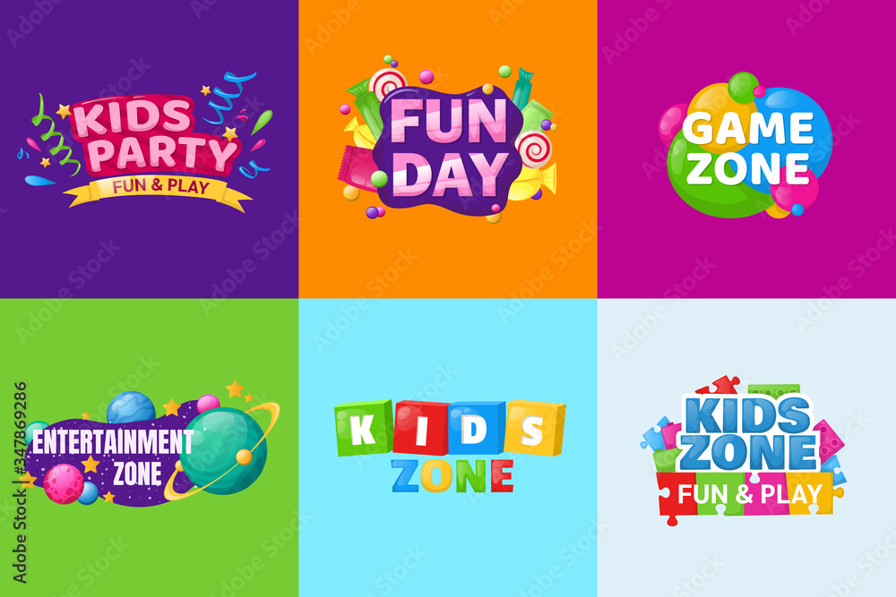 Vecteur Stock Kids zone fun day entertainment set childish banner label ...