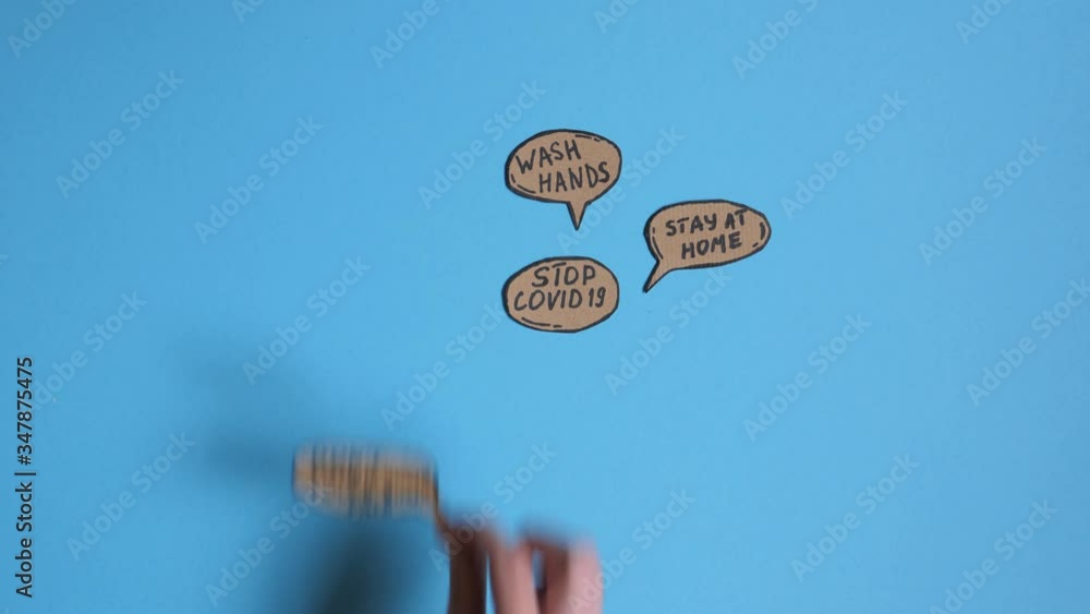 Stop COVID 19 cartoon speech bubbles on the blue background: wash hands ...