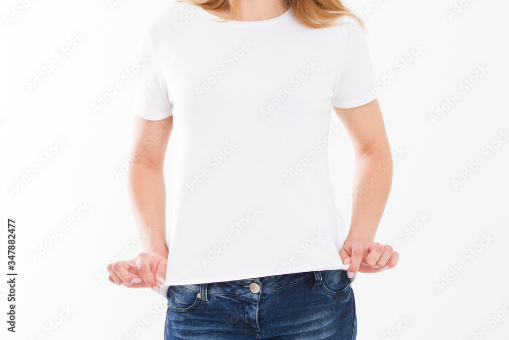 Woman body in empty white t-shirt mockup closeup isolation Stock Photo ...