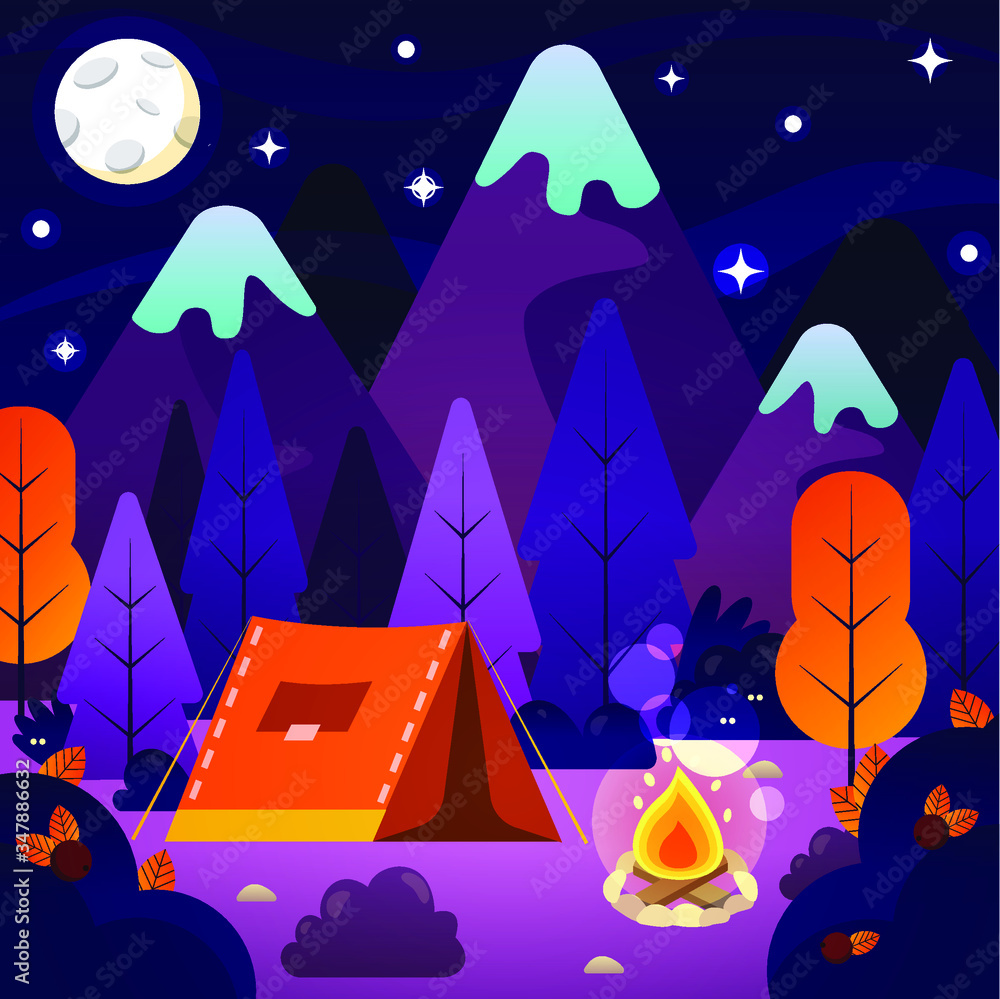 Night landscape illustration with tent, campfire, mountains, and night ...