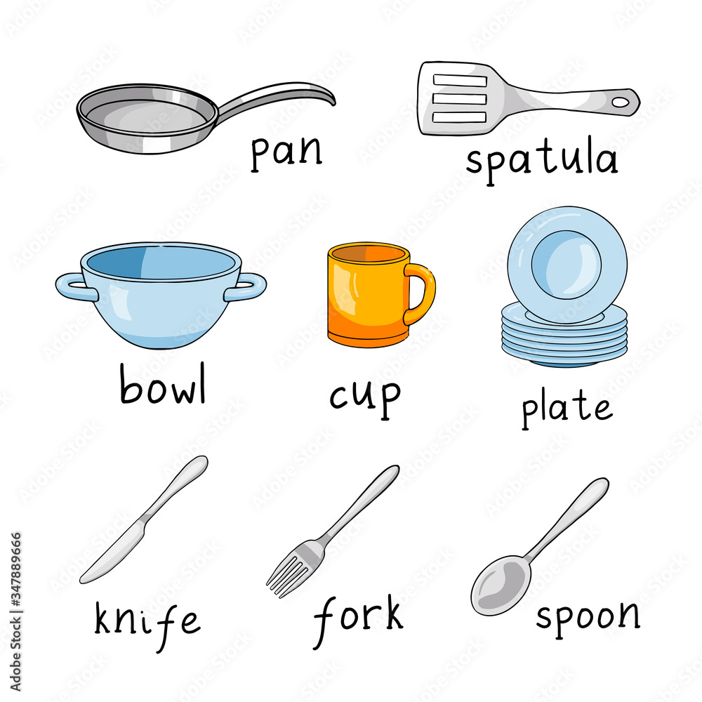 Hand drawn colorful cute cartoon vector illustration. Set of kitchen ...