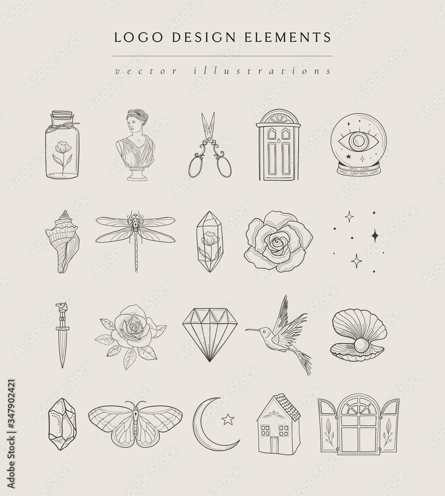 Collection of vector, fine, hand drawn logo design elements, detailed ...