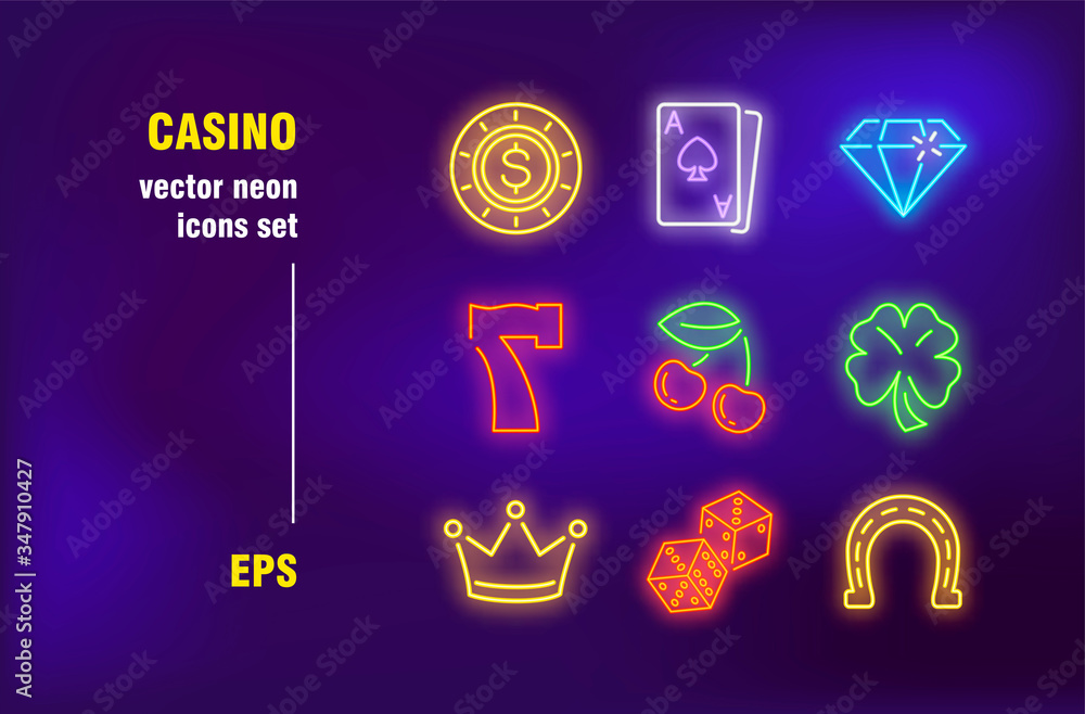 Casino neon signs set. Fortune, risk, winner, token, poker cards, dices ...
