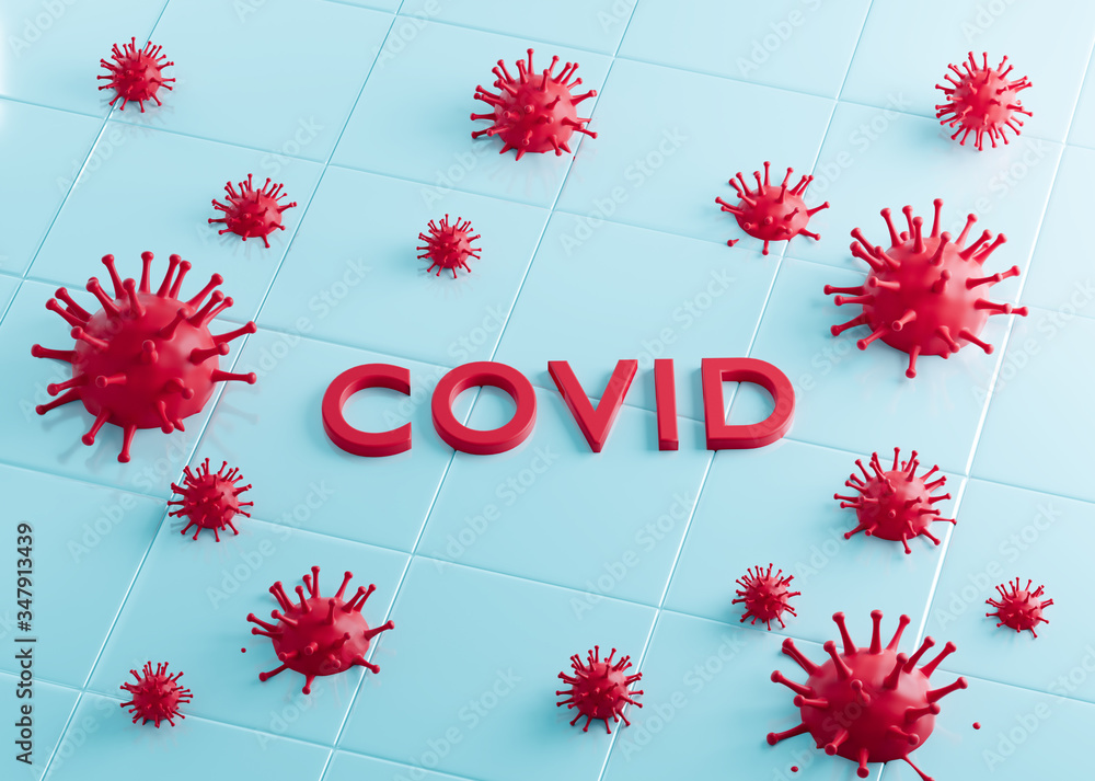 3d render illustration. Volumetric red inscriptione COVID and 3d model ...