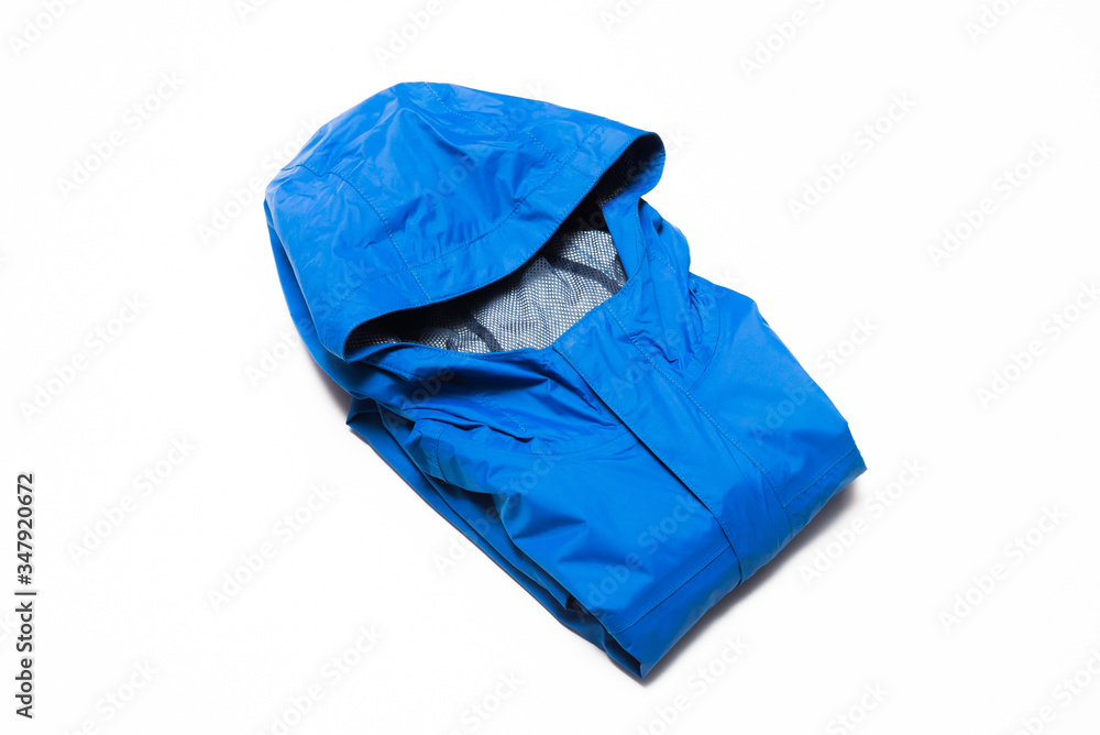 Folded blue zipper windbreaker jacket, rain proof and waterproof hiking ...