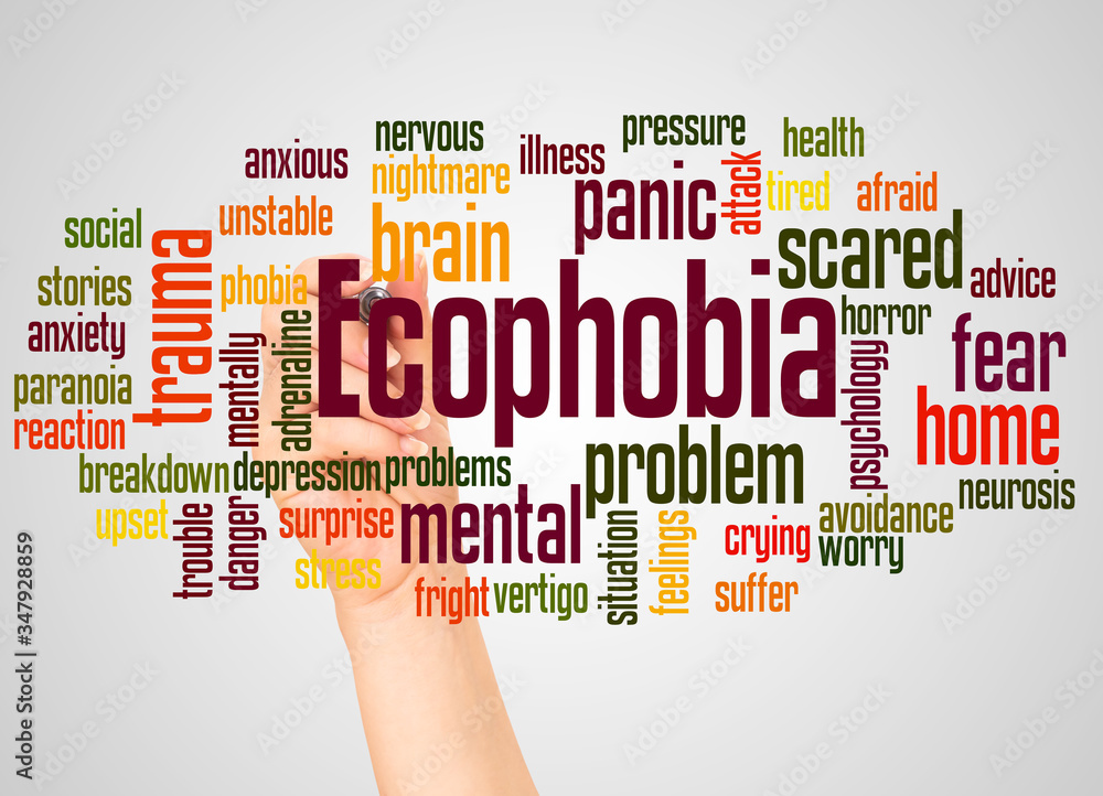 Ecophobia fear of the home word cloud and hand with marker concept ...