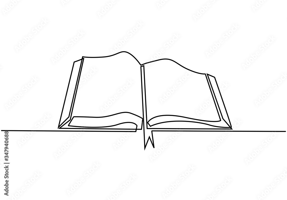 Book one line drawing banner. Open book with flying pages. Continuous ...