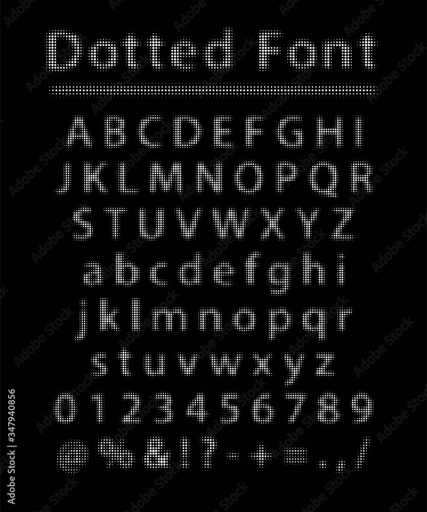 Vector dotted font. White letters and numbers made of dots with ...