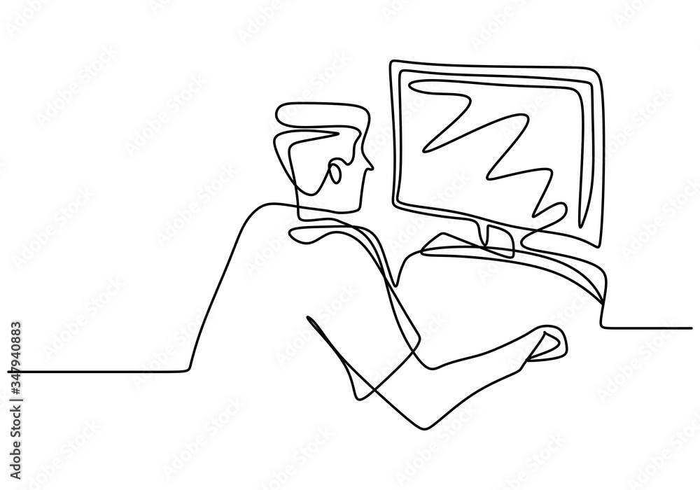 One line drawing of man working with laptop computer behind desk. Young ...