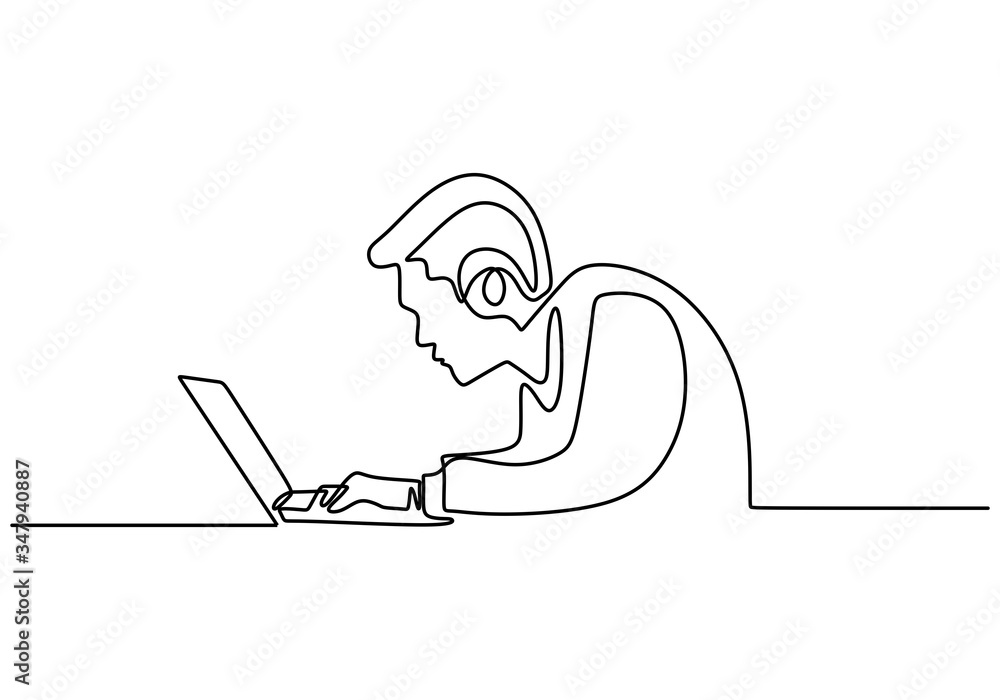 One line drawing of man working with laptop computer behind desk. Young ...