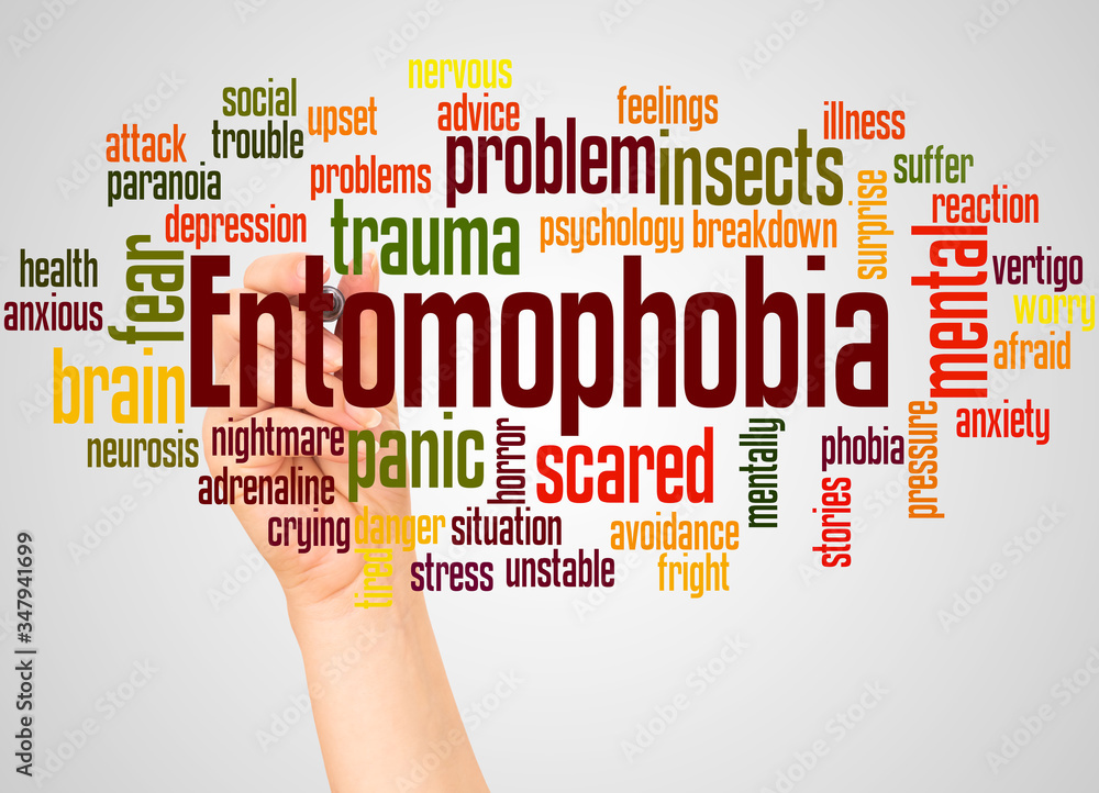 Entomophobia fear of insects word cloud and hand with marker concept ...