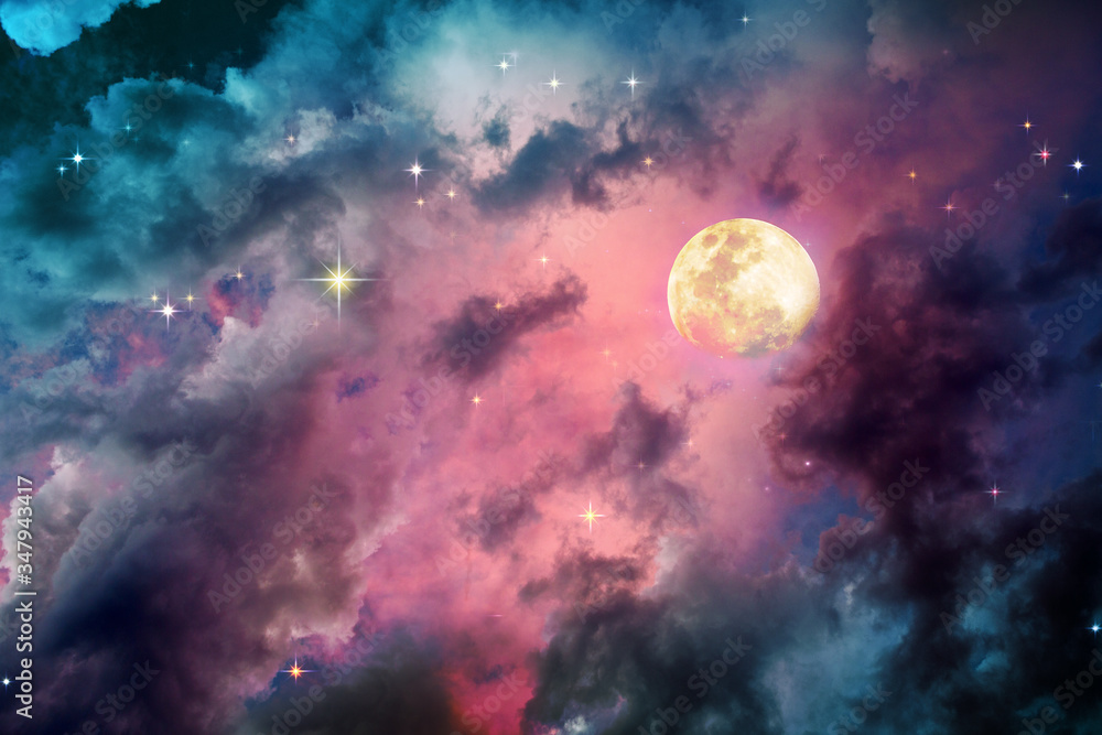 Full moon with stars at dark night sky . Abstract space background ...