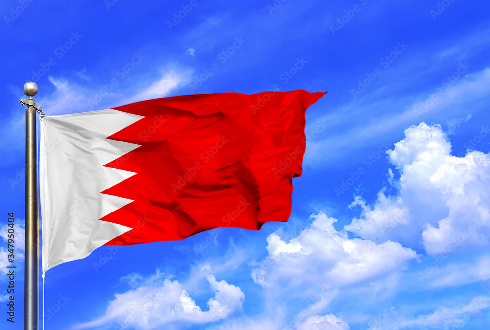 Kingdom Of Bahrain Red And White National Flag Waving In The Wind On A ...