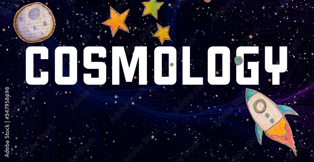Cosmology theme with space background with a rocket, moon, and stars ...