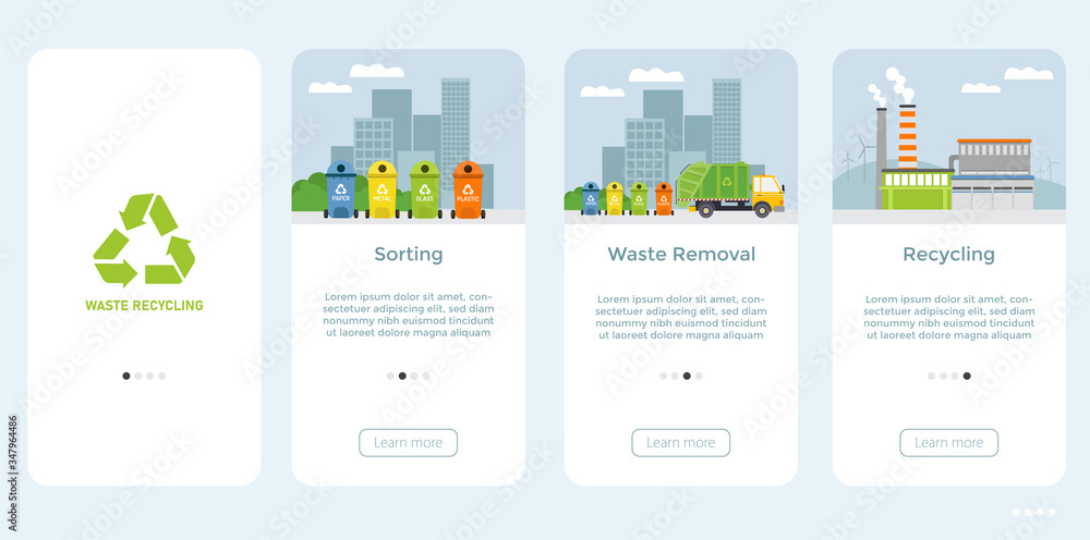 UI, UX, GUI template set of waste sorting and recycling process. Waste ...