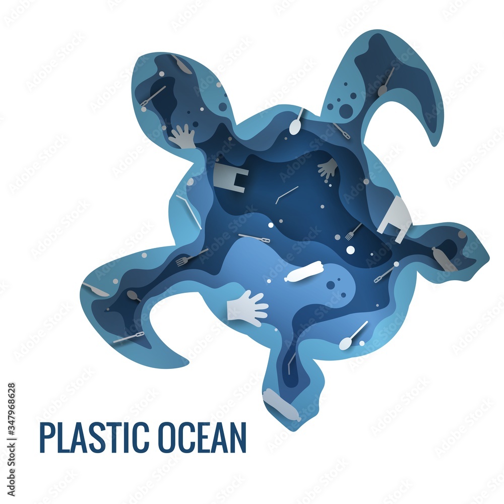 Naklejka Text - plastic ocean. Plastic trash planet pollution concept ...