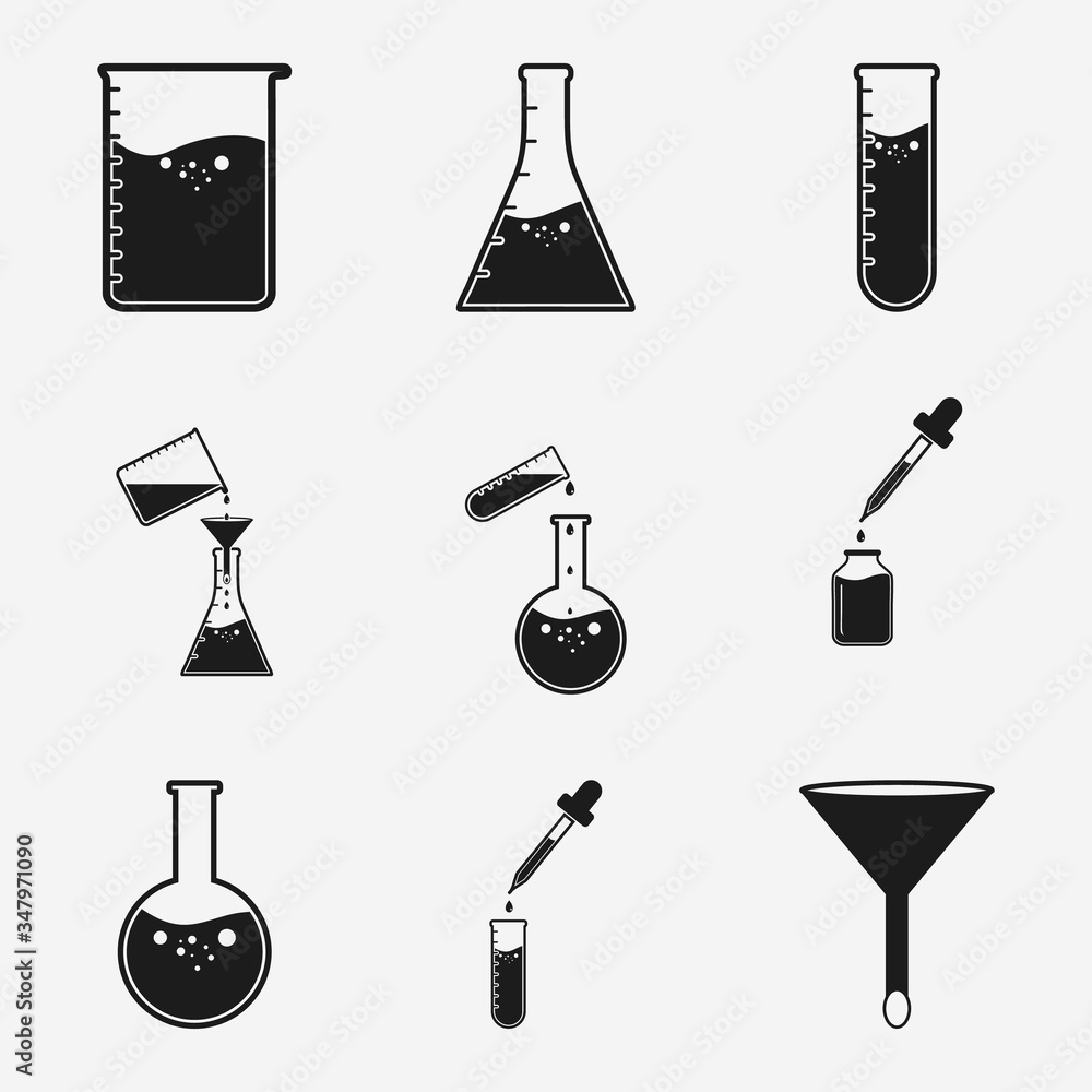 Chemical Laboratory Related Icons with flask, beaker, test tube, panel ...