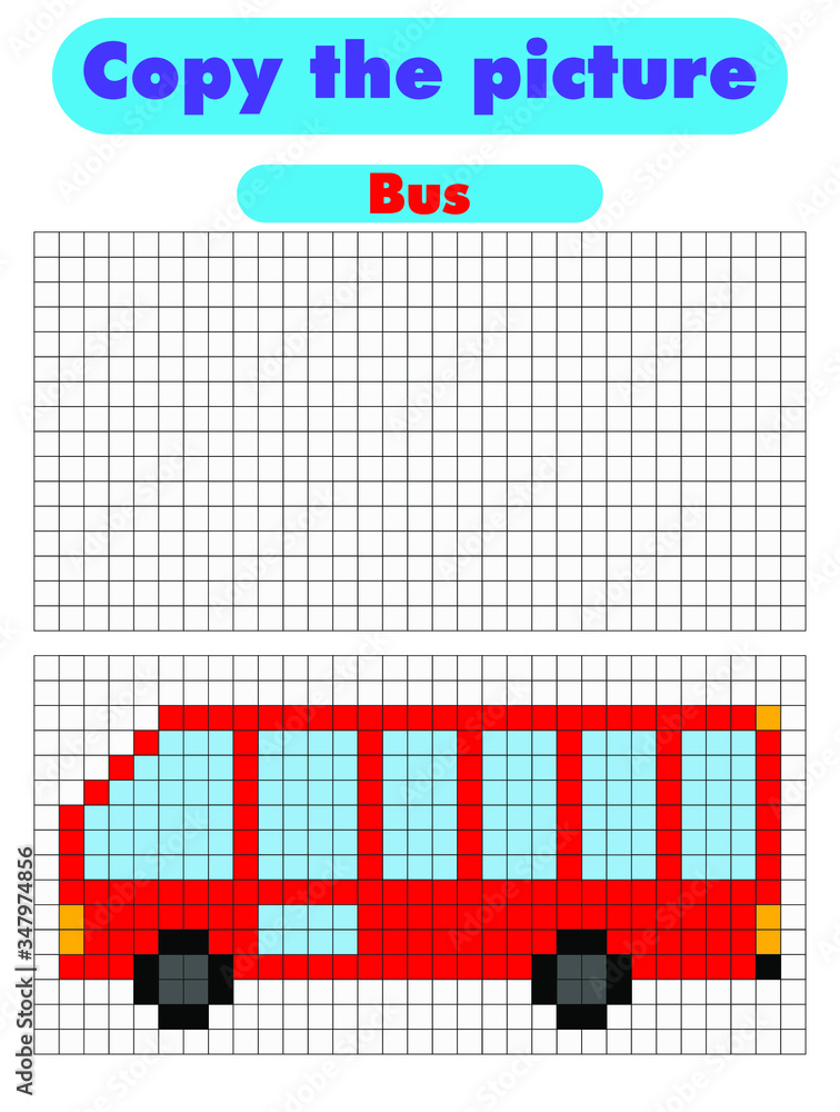 Copy the picture. Draw the police bus using the grid. Color by example ...
