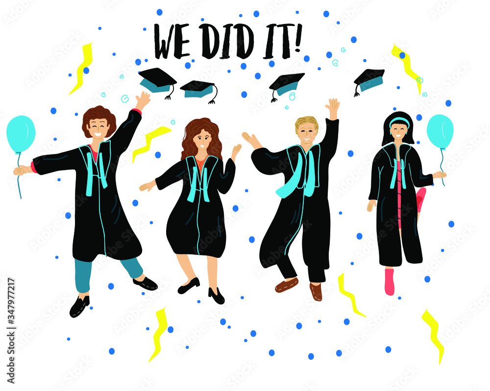 Congrats graduates happy flat people. Flying graduate caps, ceremony ...