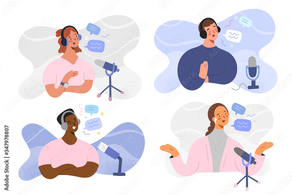 Podcast host people, women and man characters recording radio program ...