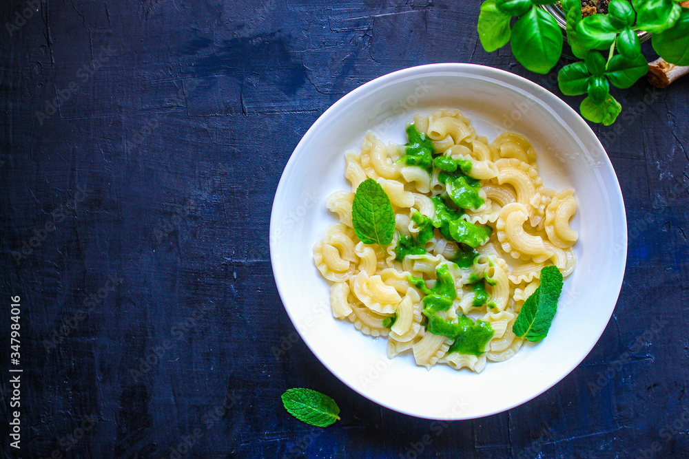 pasta creste di galli green sauce mint pesto Menu concept healthy ...