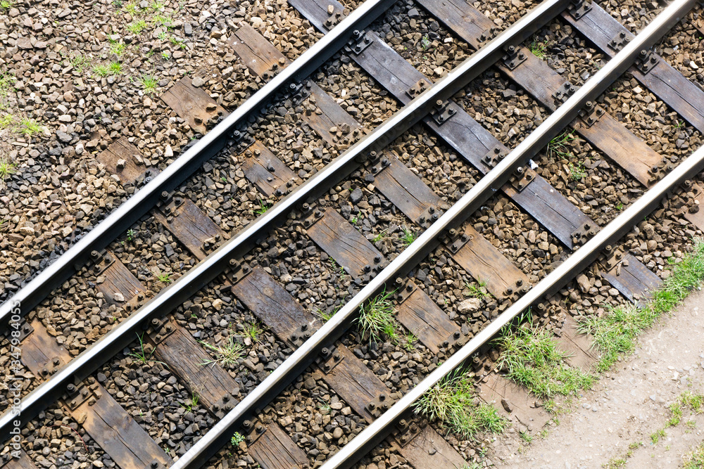 Simple railway top view background. Train track texture. Steel rail on ...