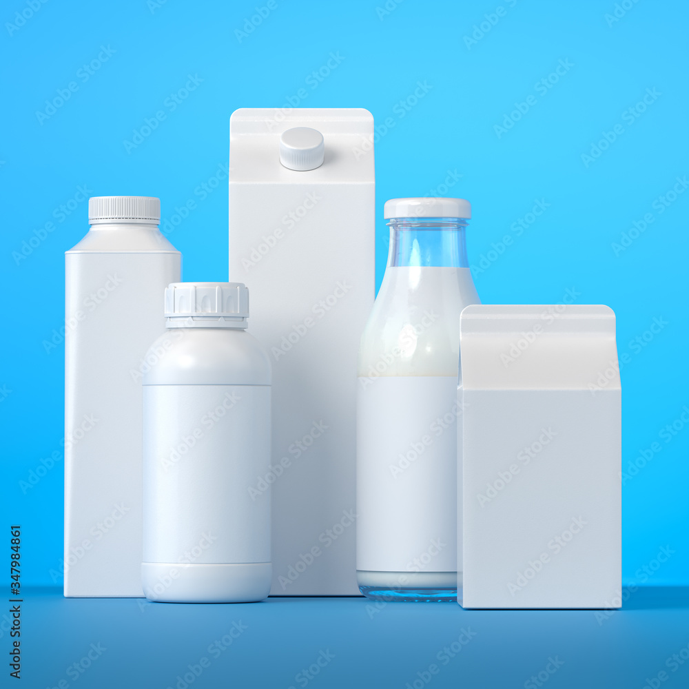 5 types of blank milk packaging with the front side on a blue ...